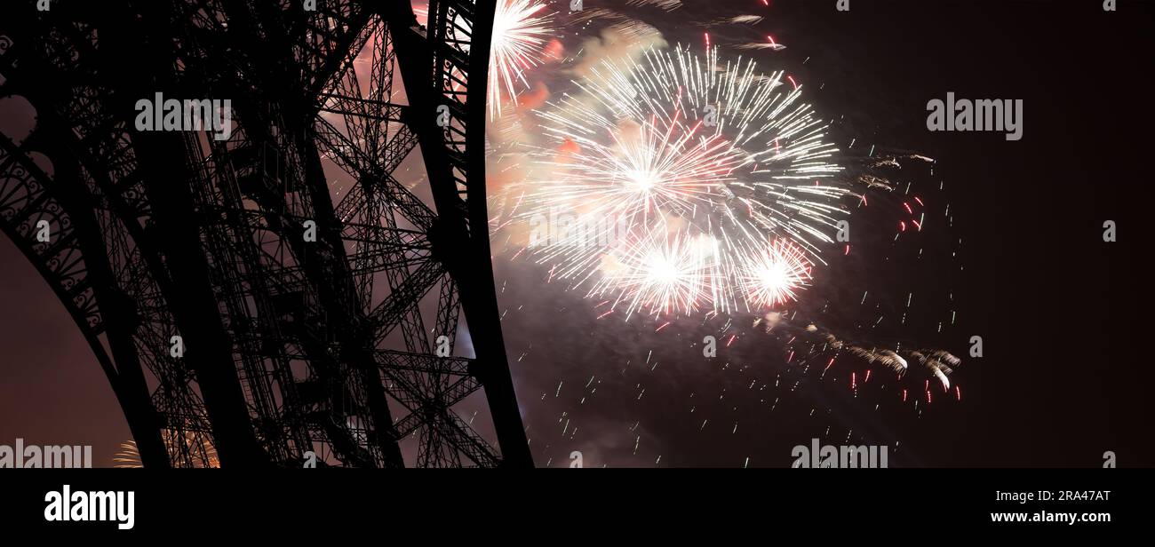 Celebratory colorful fireworks over the Eiffel Tower in Paris, France ...