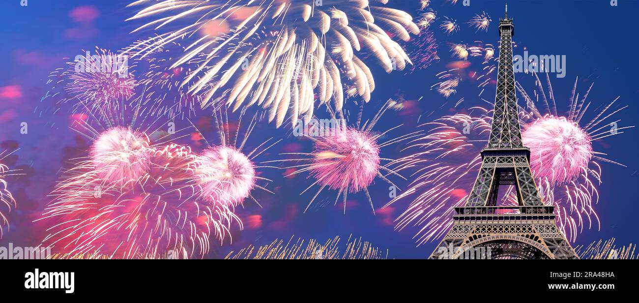 Celebratory colorful fireworks over the Eiffel Tower in Paris, France ...