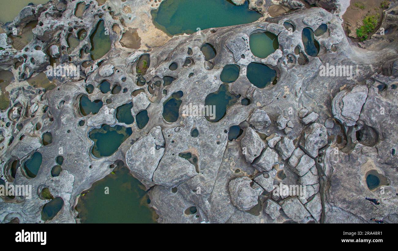 Aerial view above 3000 bok unseen beautiful rock of Mekong river ...