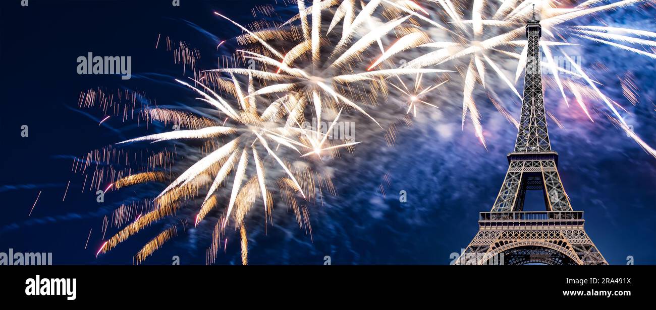 Celebratory colorful fireworks over the Eiffel Tower in Paris, France ...