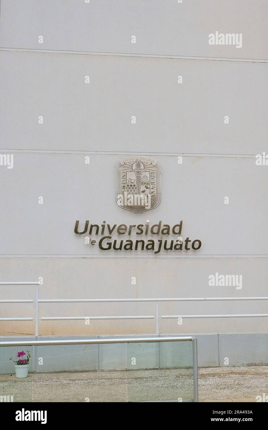 Universidad de Guanajuato, seal and name on a wall at the Leon Campus ...