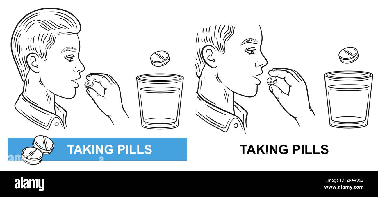 Sick man taking pill medicine, time of medication, medical patient hold ...