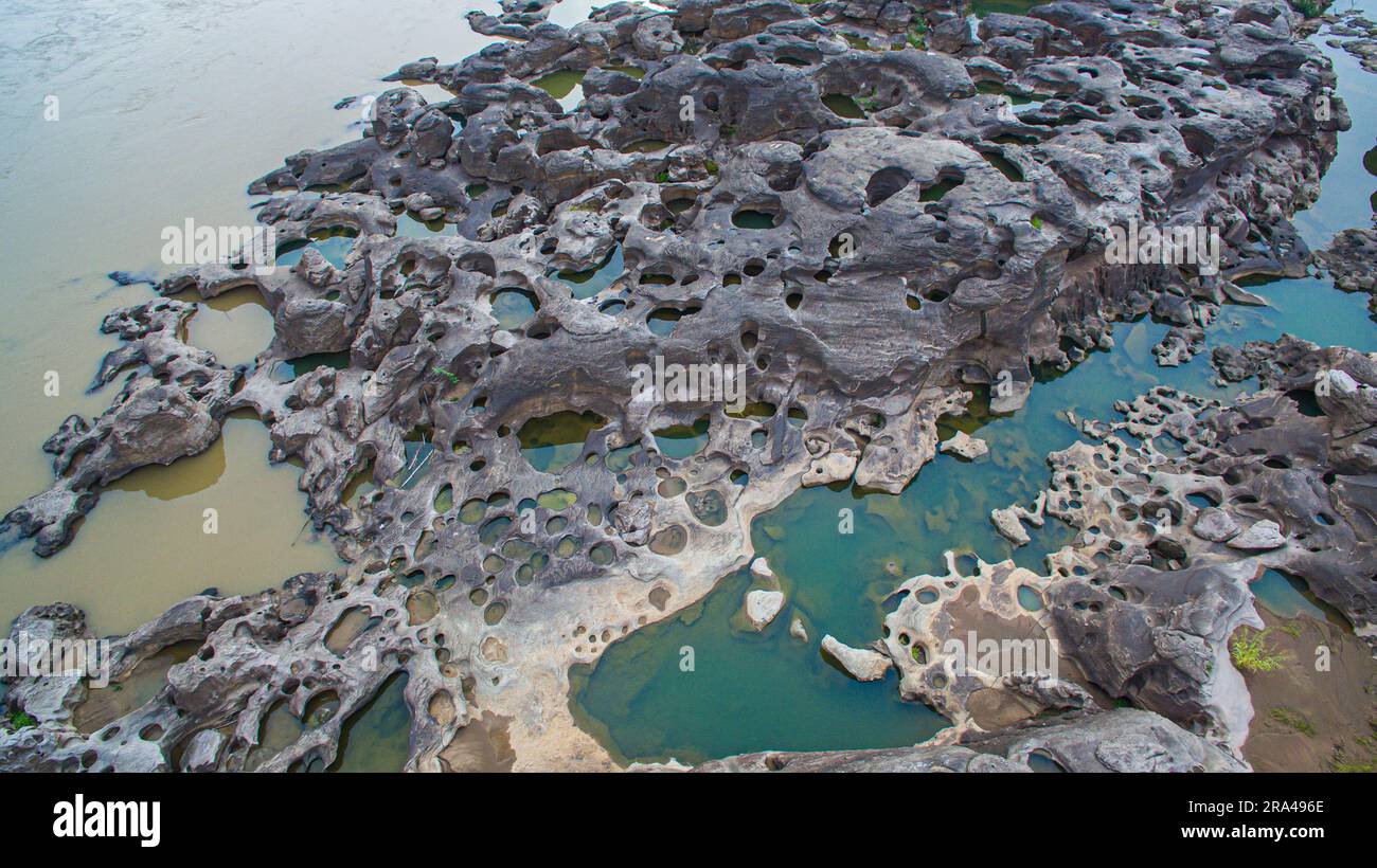 Aerial view above 3000 bok unseen beautiful rock of Mekong river ...