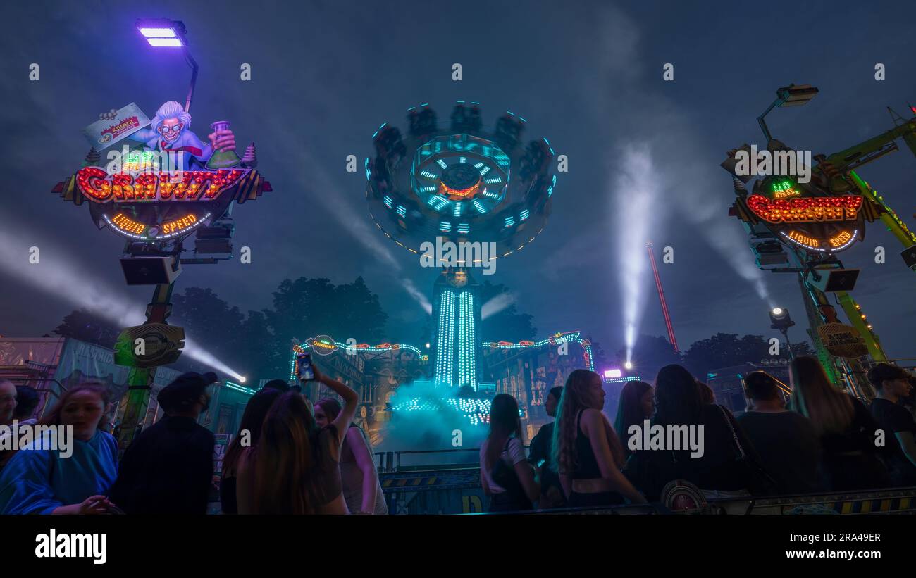 30 June 2023, Bavaria, Würzburg: The ride "Mr. Gravity" is located at ...