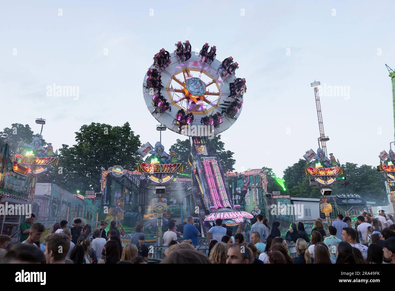 30 June 2023, Bavaria, Würzburg: The ride "Mr. Gravity" is located at ...