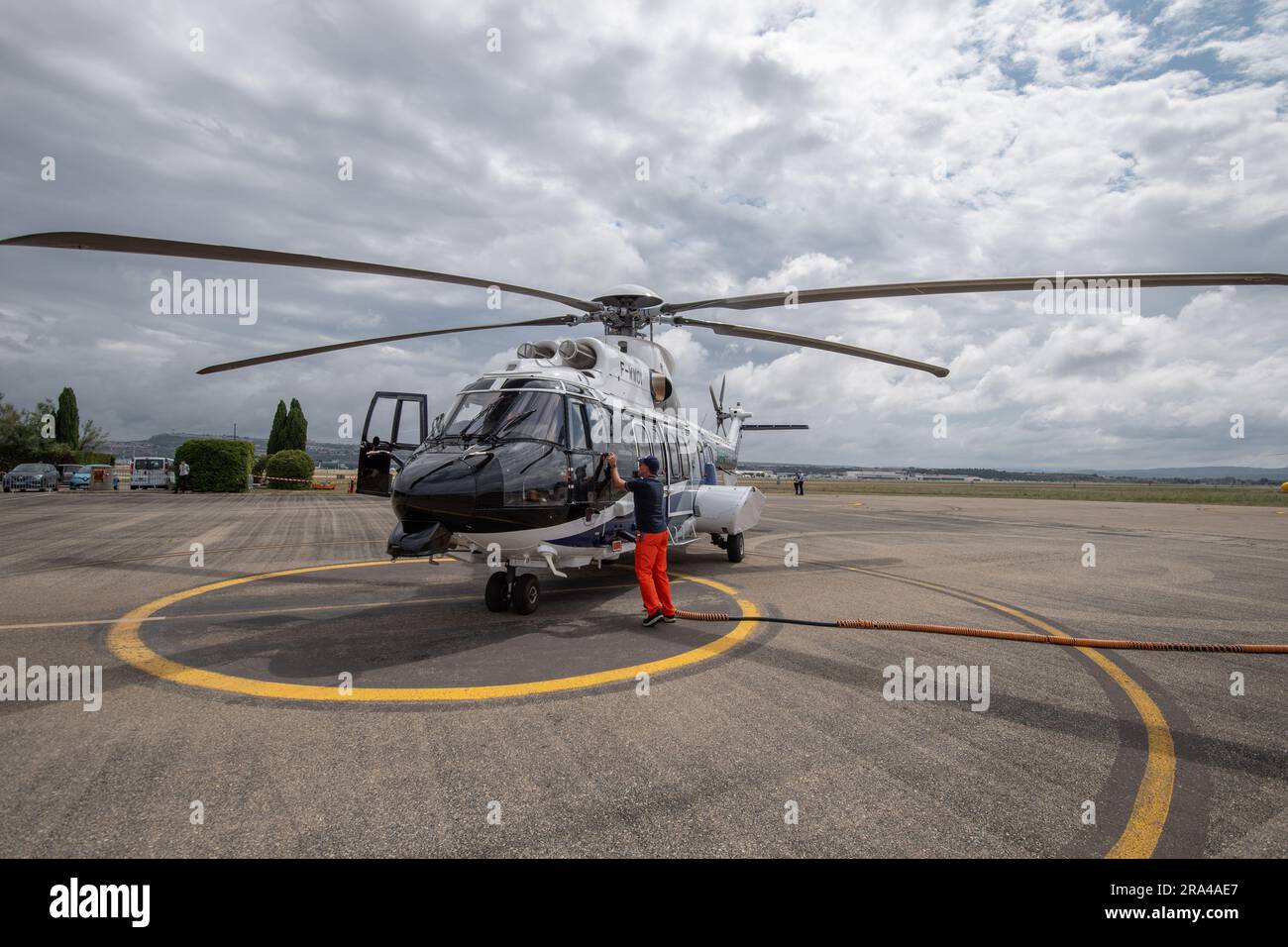 Marignane, France. 30th June, 2023. The Airbus H225 helicopter runs on ...