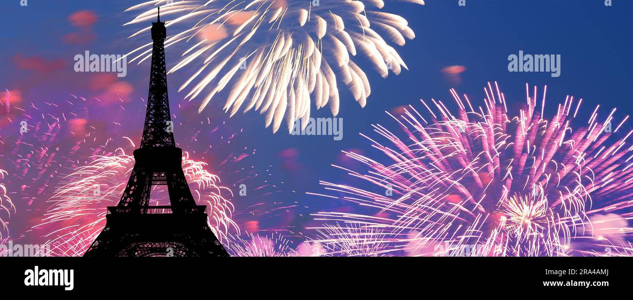 Celebratory colorful fireworks over the Eiffel Tower in Paris, France ...
