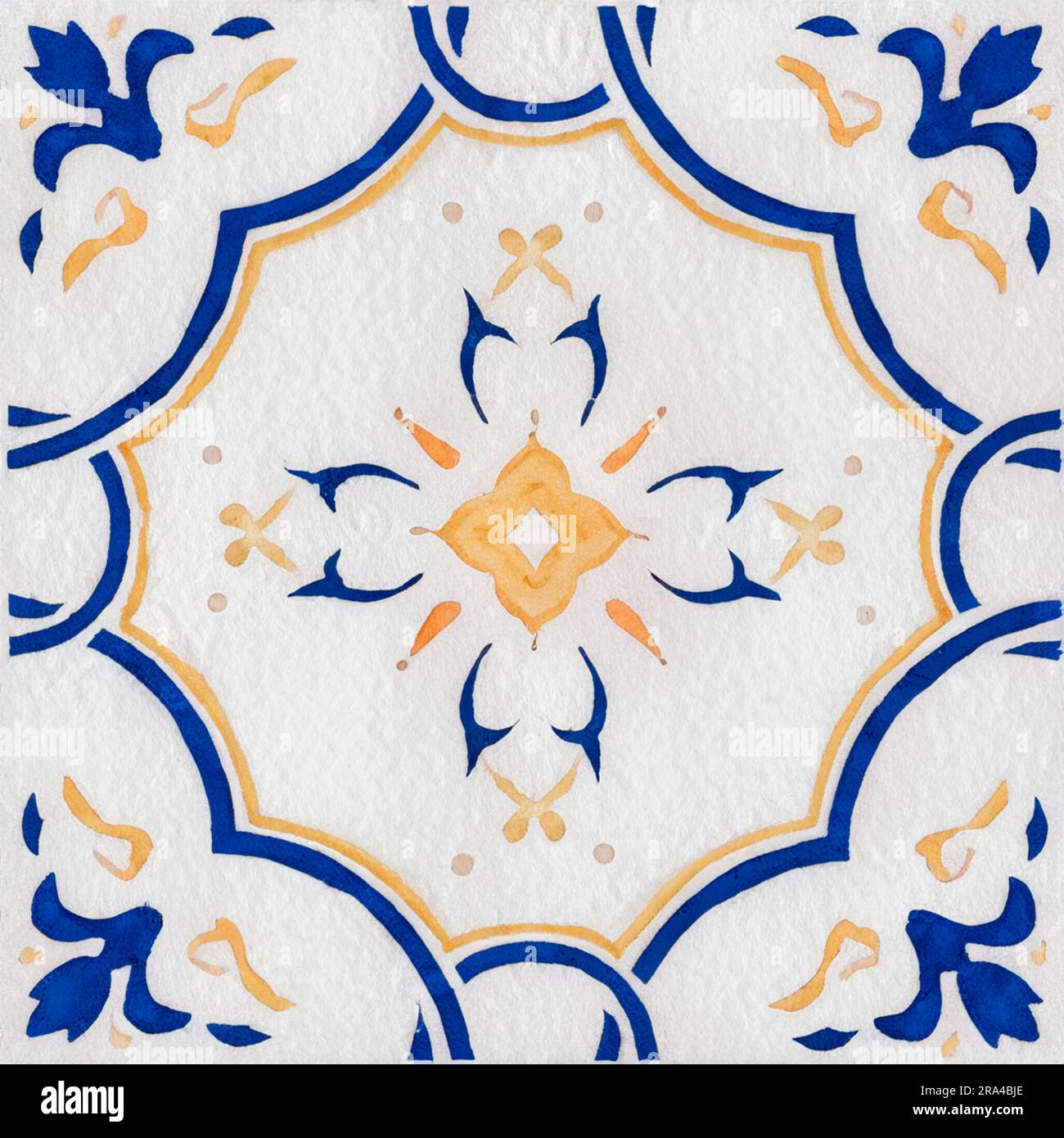 Watercolor illustration of portuguese ceramic tiles pattern. Single ...
