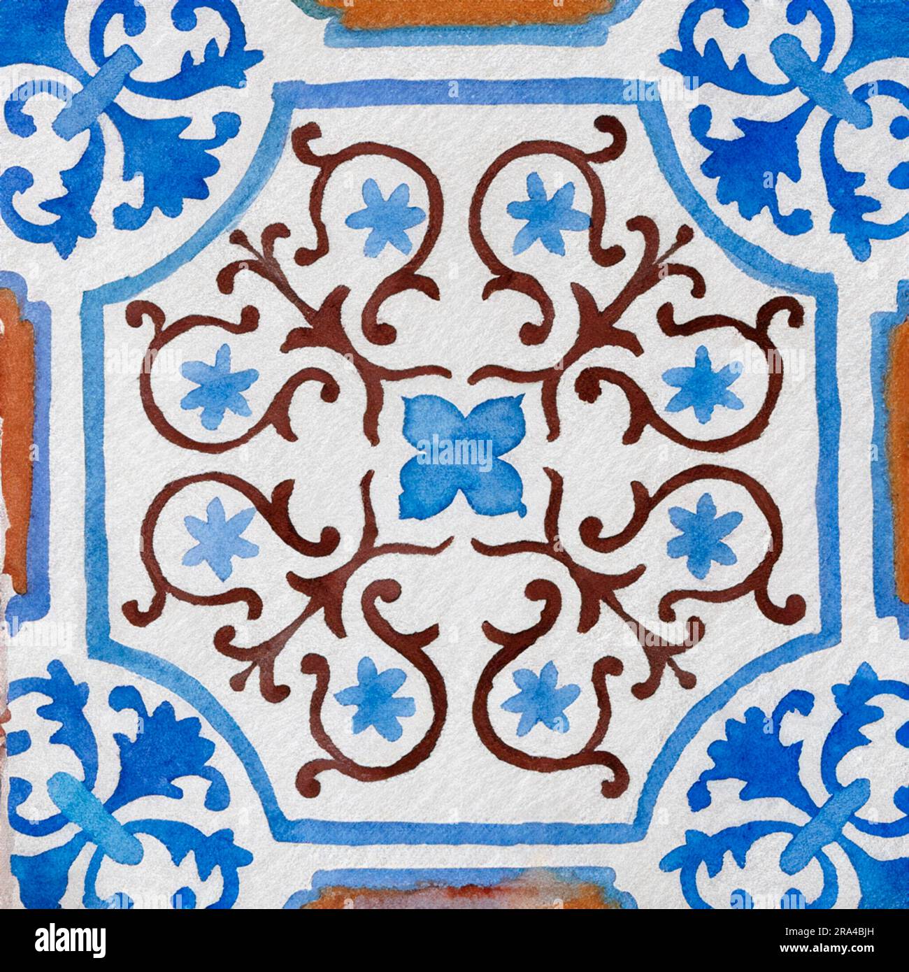 Watercolor illustration of portuguese ceramic tiles pattern. Single ...