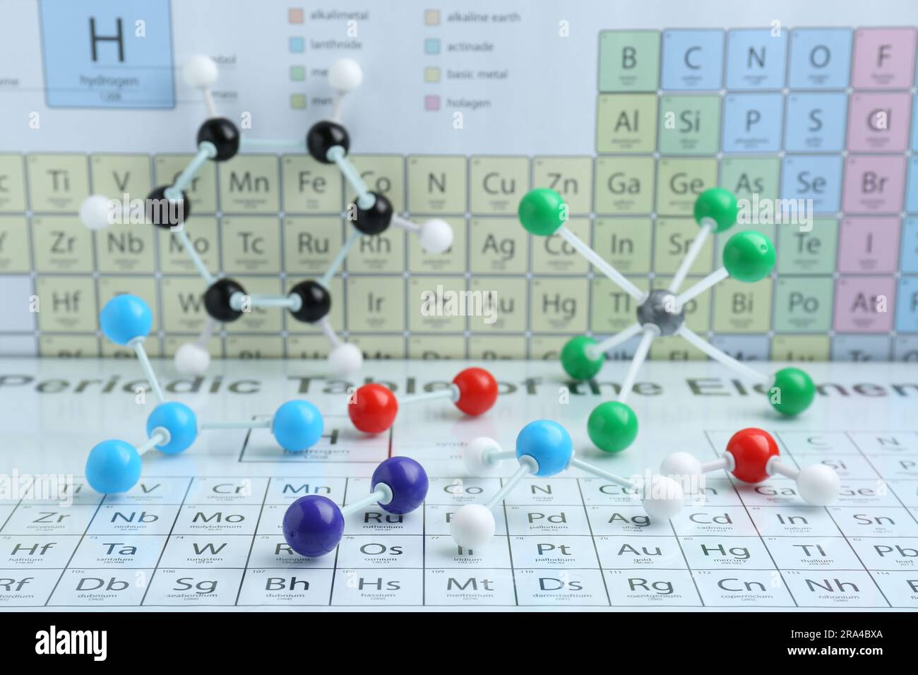 Molecular models on periodic table of chemical elements Stock Photo - Alamy