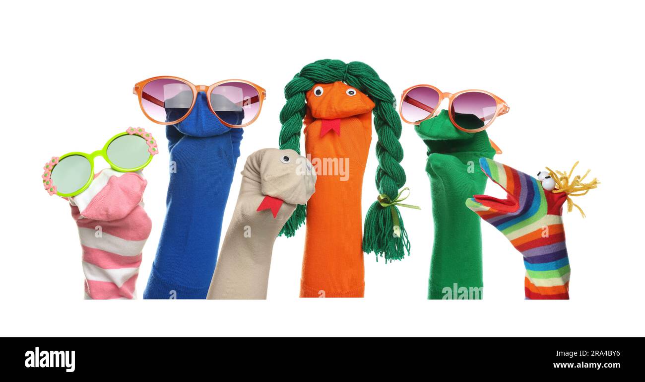 Many colorful sock puppets on white background, collage design Stock ...