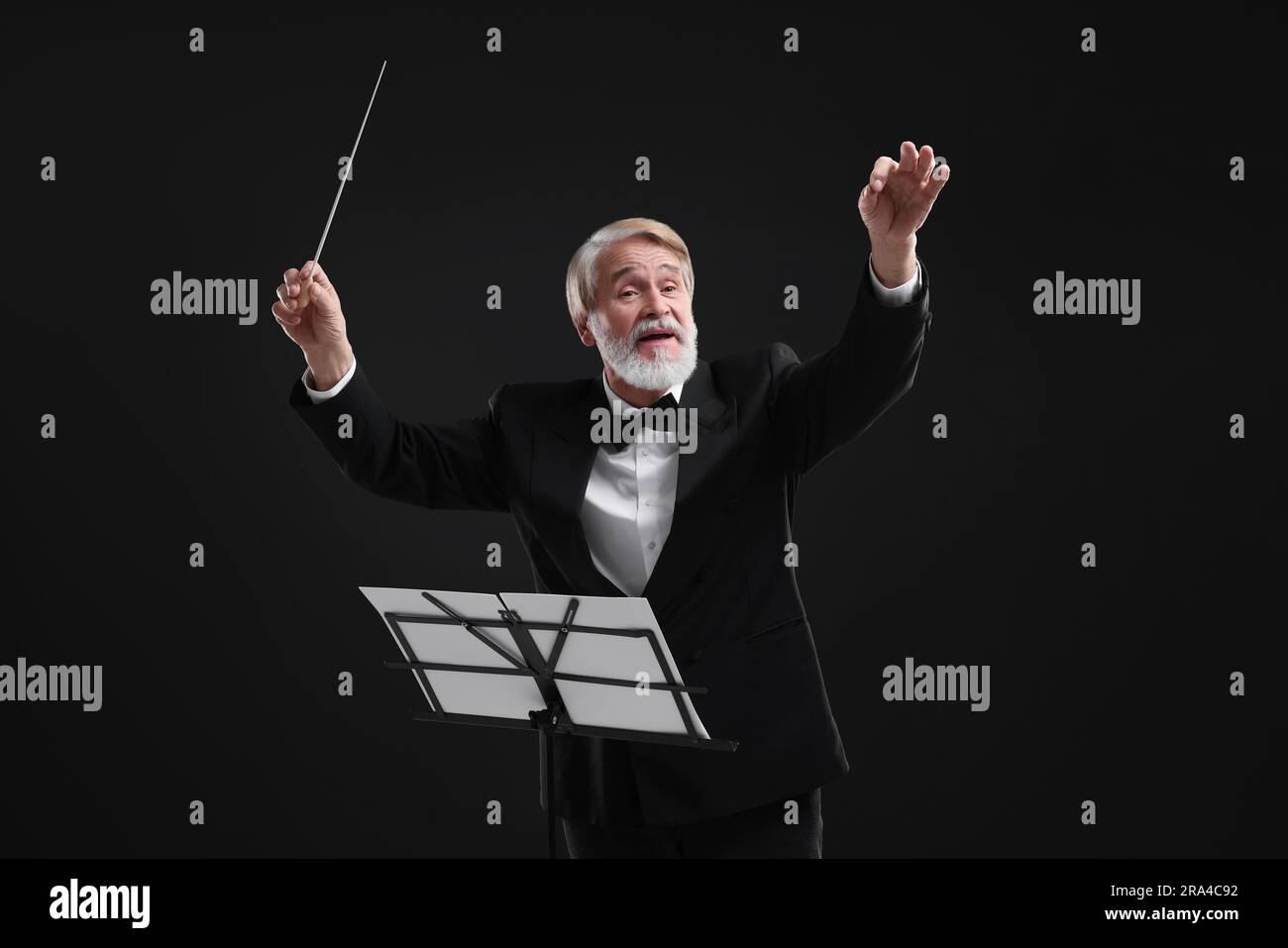Professional conductor with baton and note stand on black background ...