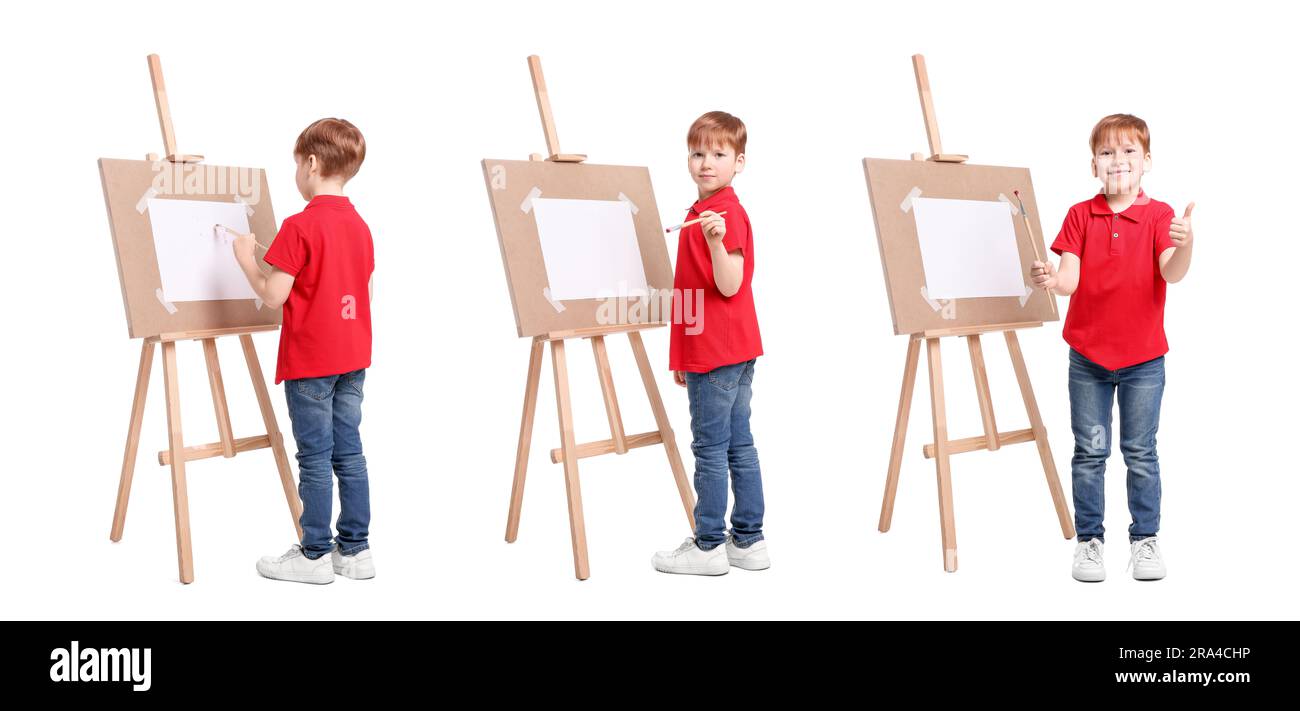 Collage with photos of boy near easel on white background Stock Photo ...