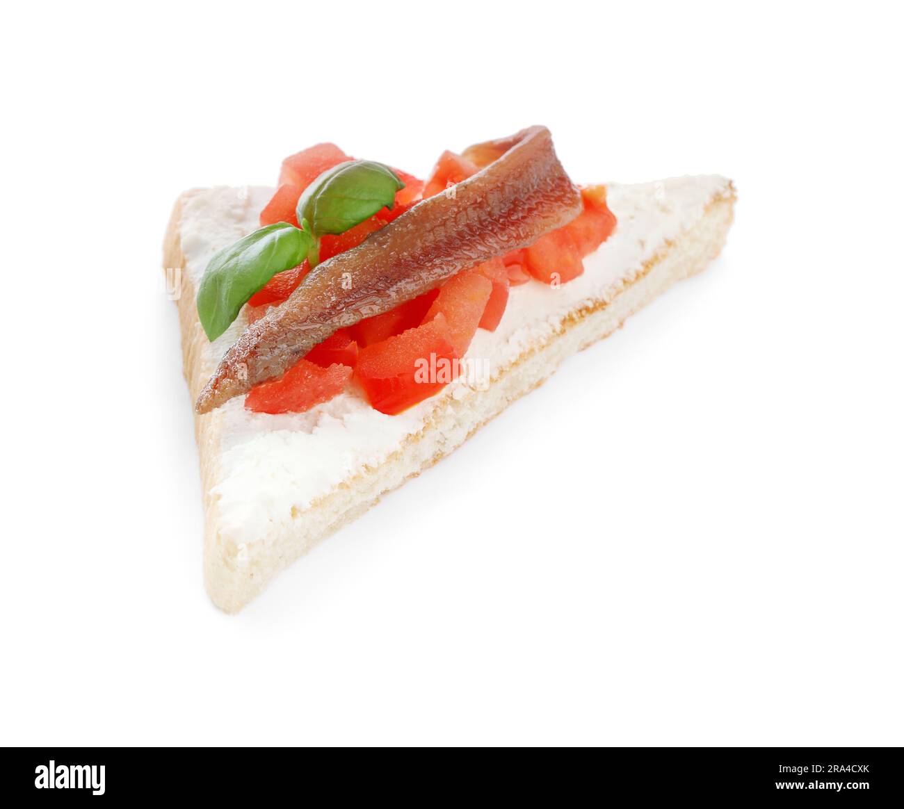 Delicious sandwich with cream cheese, anchovy, tomatoes and basil on ...