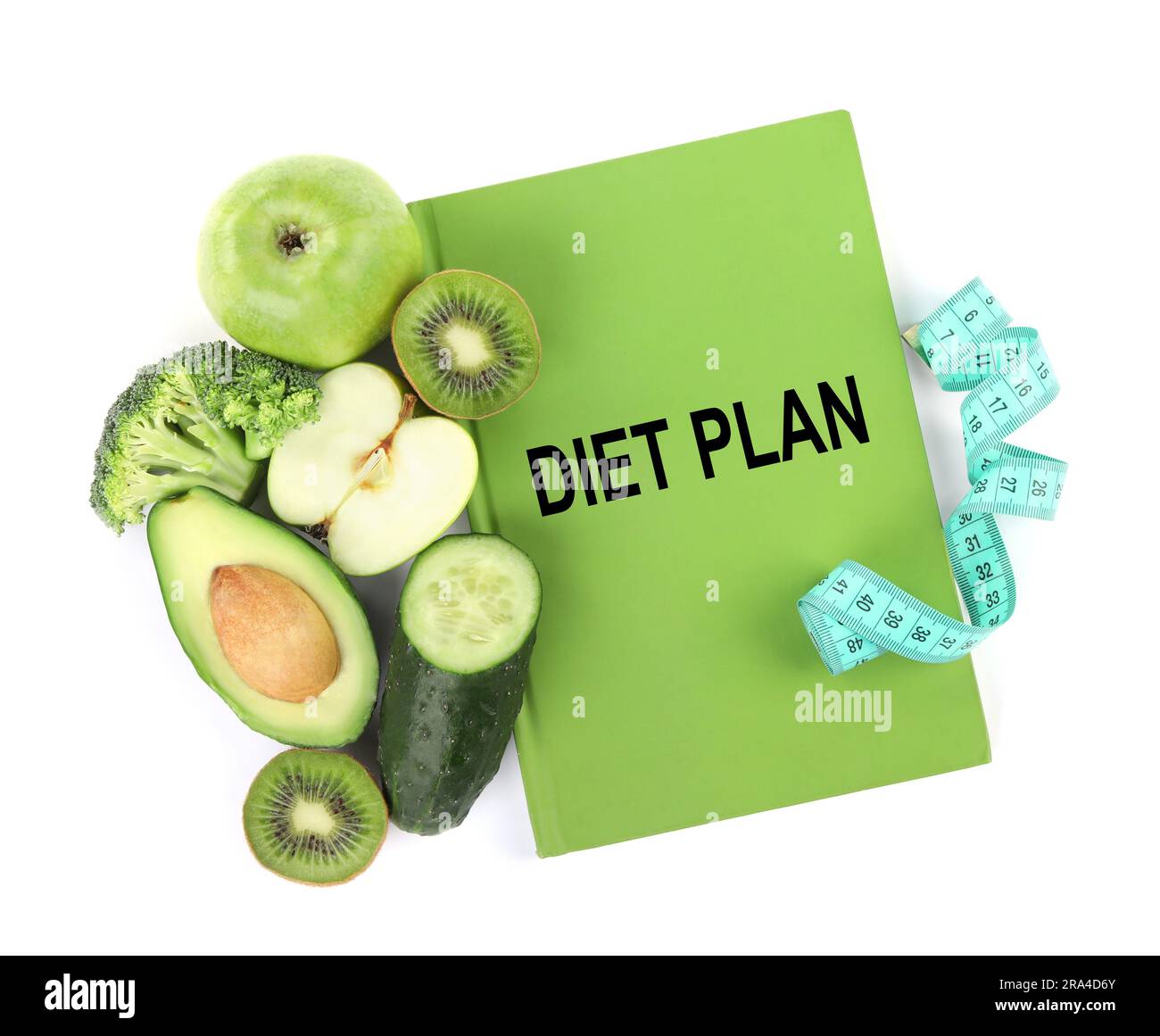 Weight loss concept. Notebook, measuring tape and different products ...