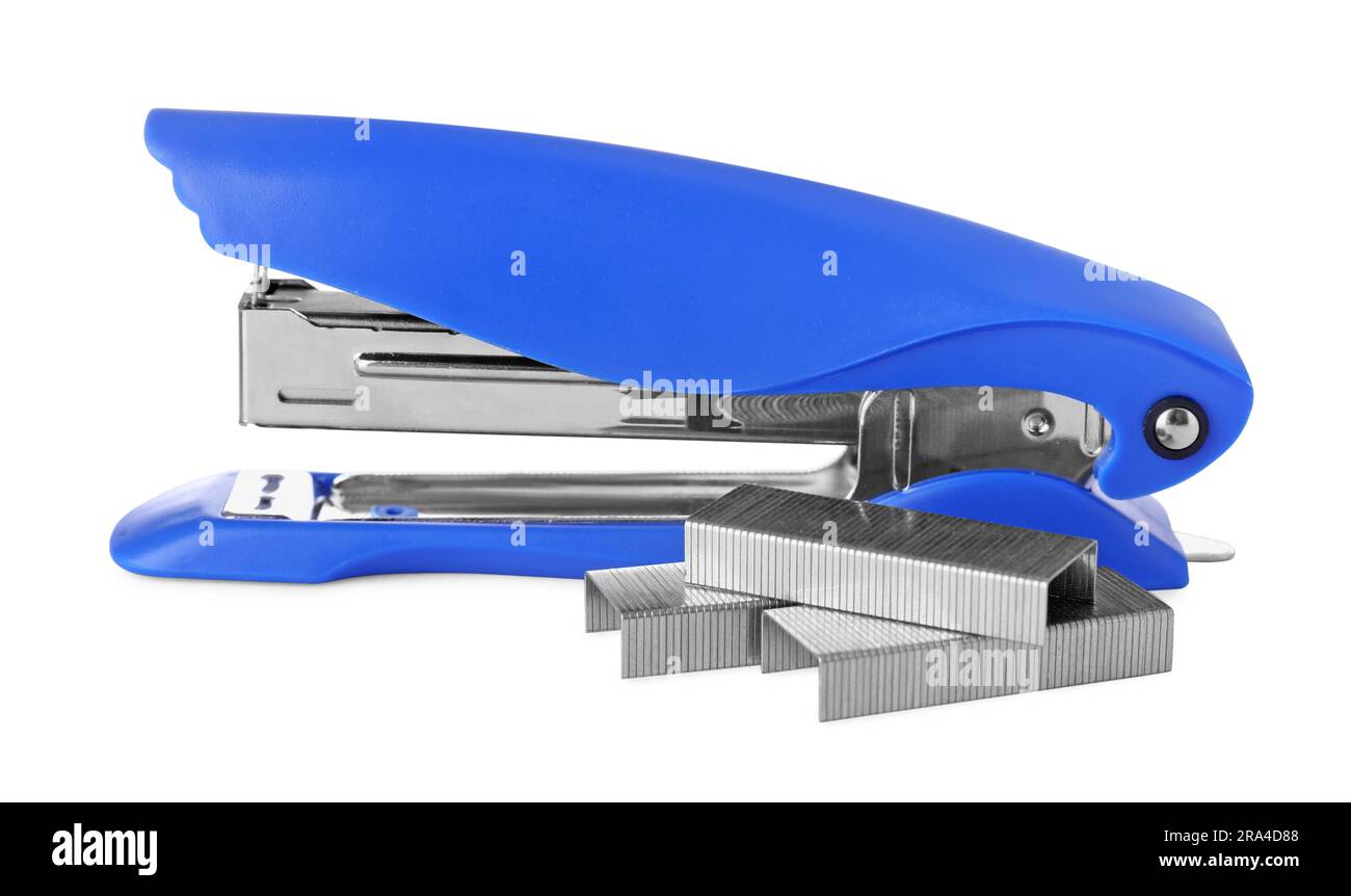 Bright blue stapler with staples isolated on white Stock Photo - Alamy