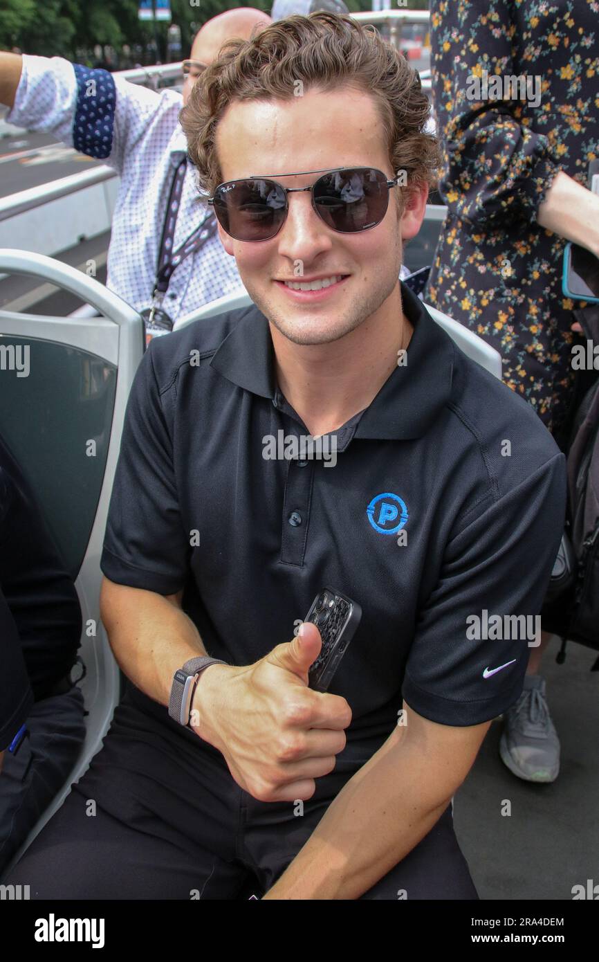 NASCAR driver Connor Mosack joins the media for the Big Bus Tour of the ...