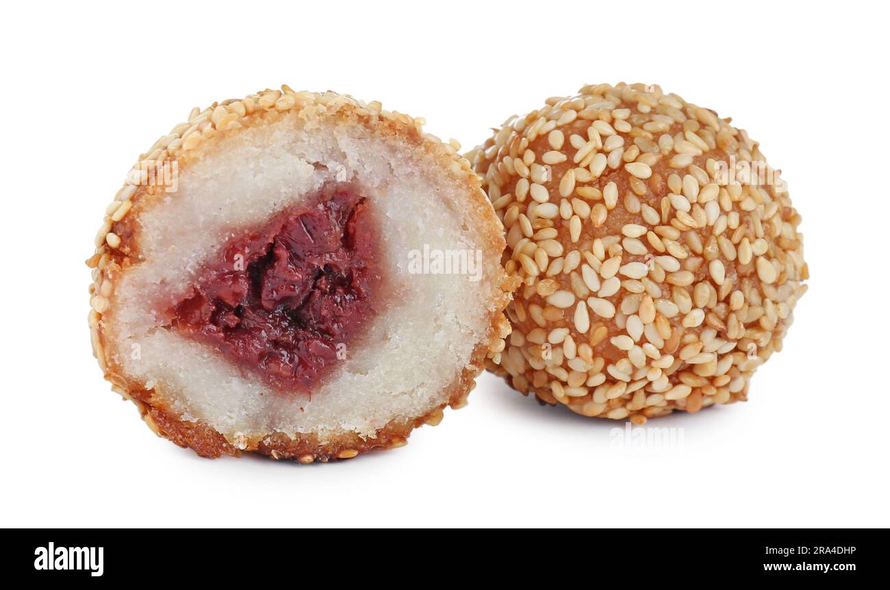 Delicious sesame balls with red bean paste on white background Stock ...