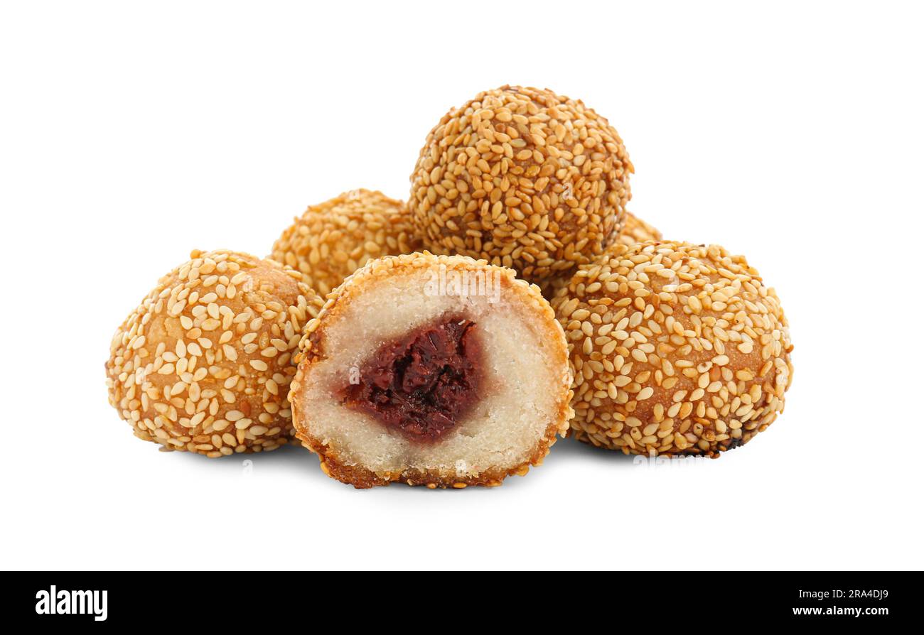 Delicious sesame balls with red bean paste on white background Stock ...