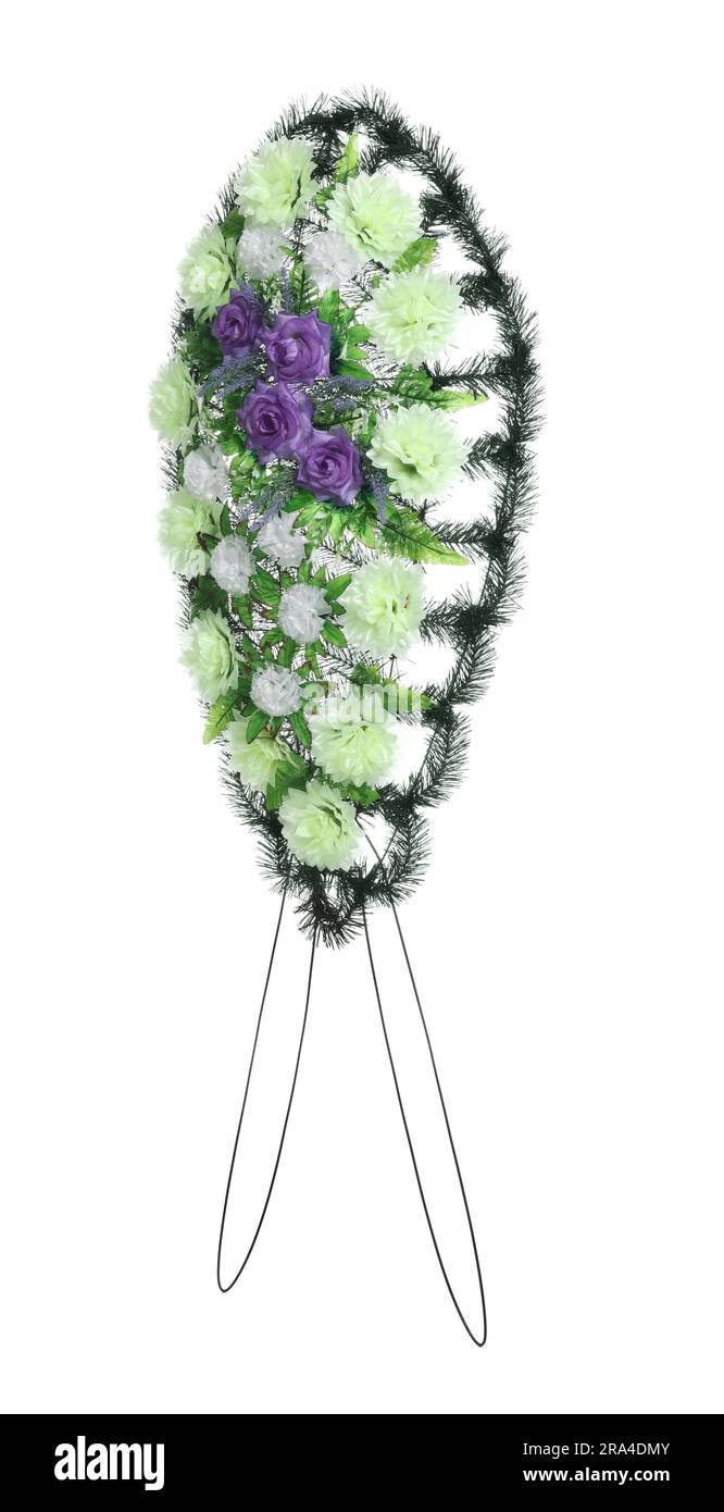 Funeral wreath of plastic flowers against white background Stock Photo ...