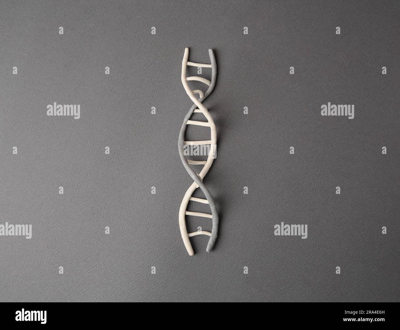 DNA molecule model made of grey plasticine on black background, top ...