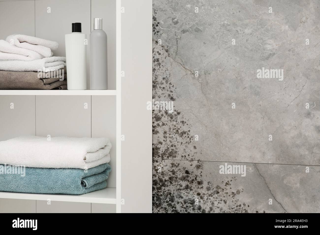 Grey wall affected with mold. White rack with towels and personal care ...