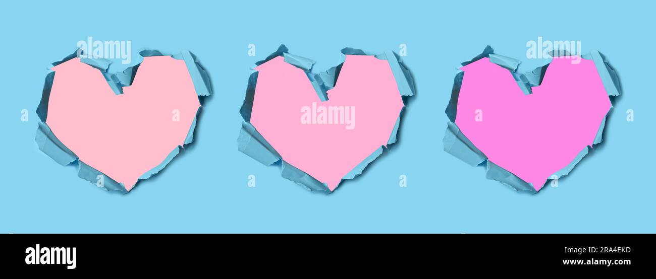 Light blue paper with heart shaped holes on color background, collage ...
