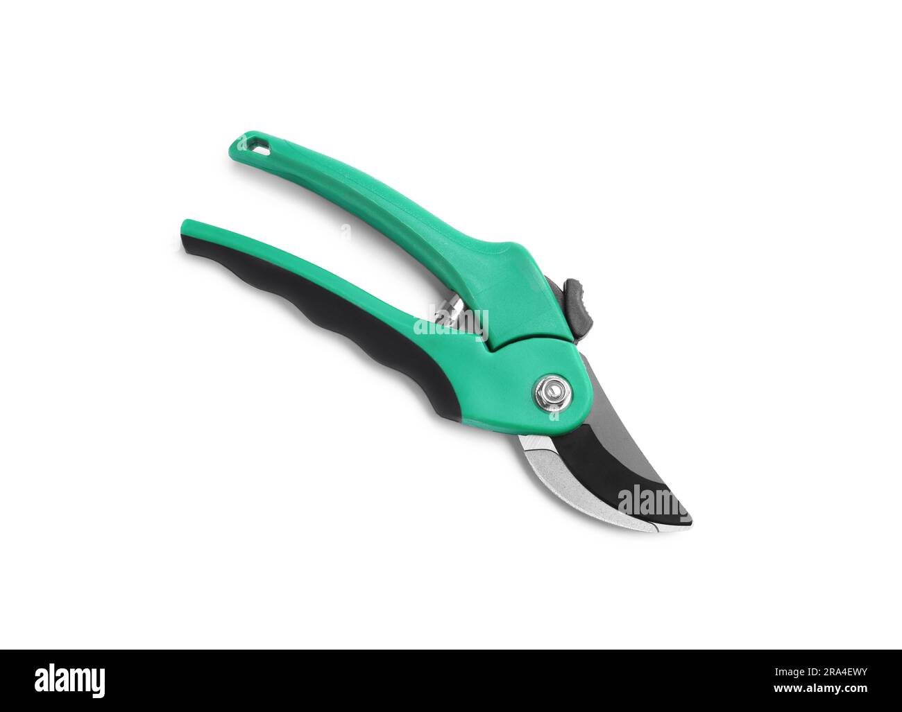 Secateurs with green handles isolated on white, top view. Gardening tool Stock Photo - Alamy