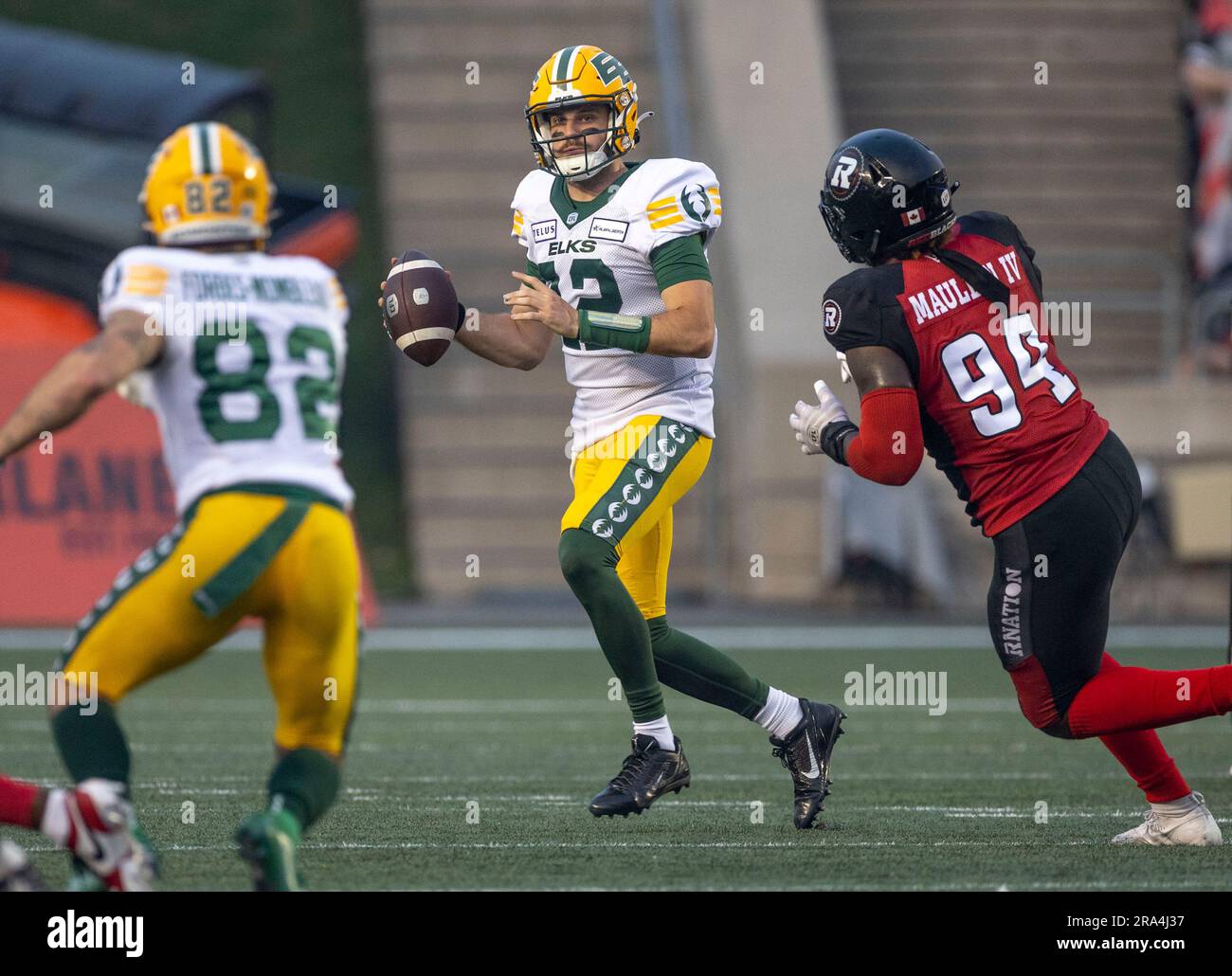 (Ottawa, Canada---30 June 2023) JarretDoege (12) of the Edmonton Elks ...