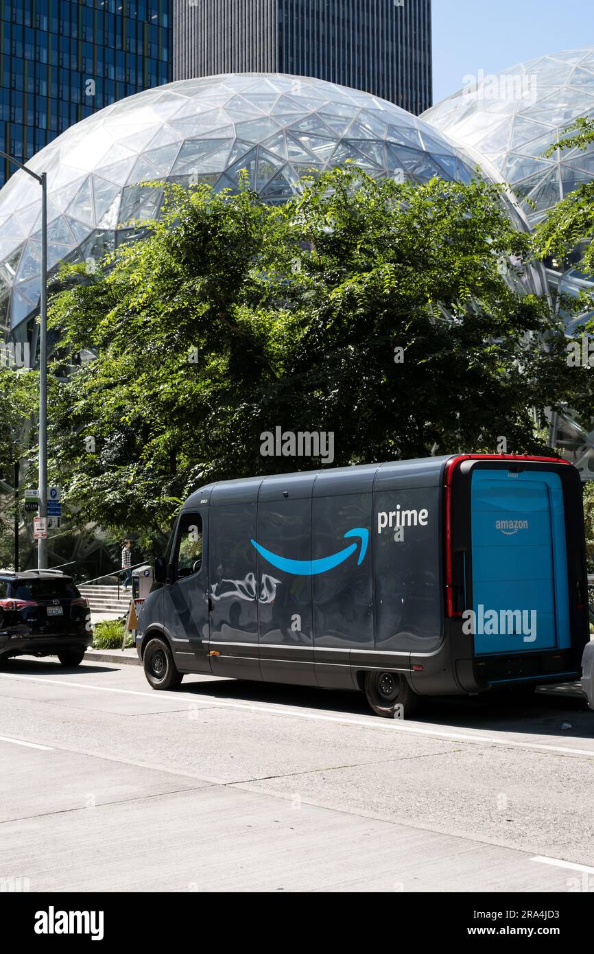 Seattle, USA. 29 Jun, 2023. Rivan Ev van and gas powered Ram van outisde Amazon Spheres HQ Stock ...