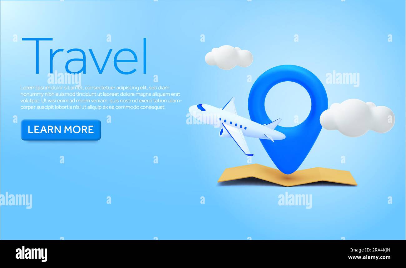 3d airplane with map marker and clouds, isolated on background. Banner ...