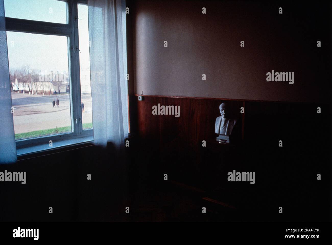Narodychi, Ukraine, 1990. Small bust of Lenin in a bare corner of the ...