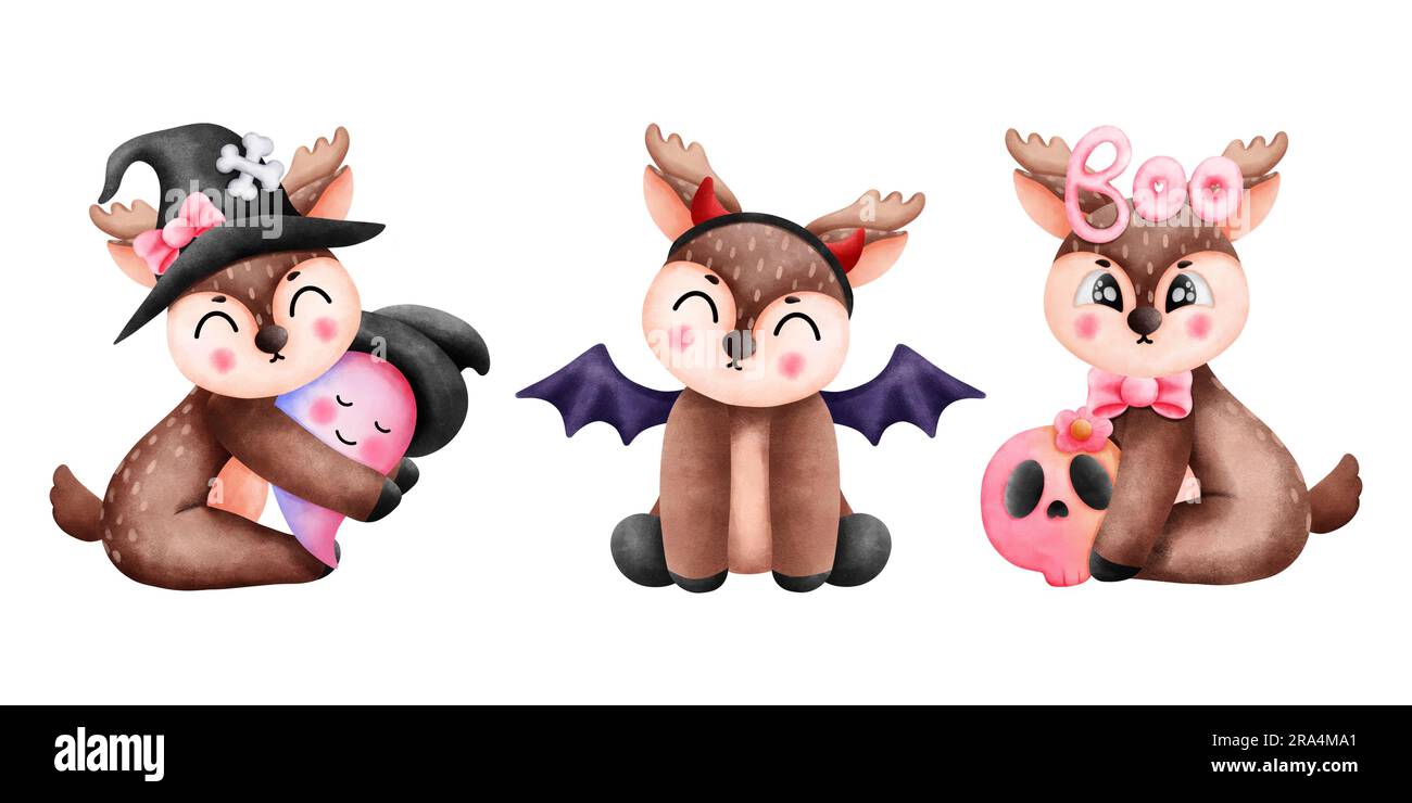 Playful halloween reindeer set. Witch hat, pink ghost,pink skull,pink ...