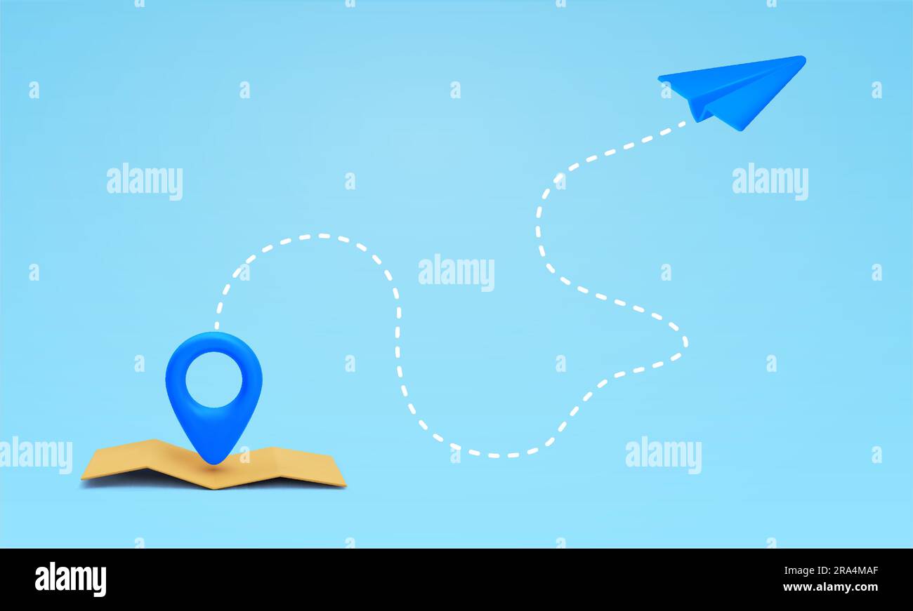 3d map marker or pin icon with paper plane and flying route, isolated ...