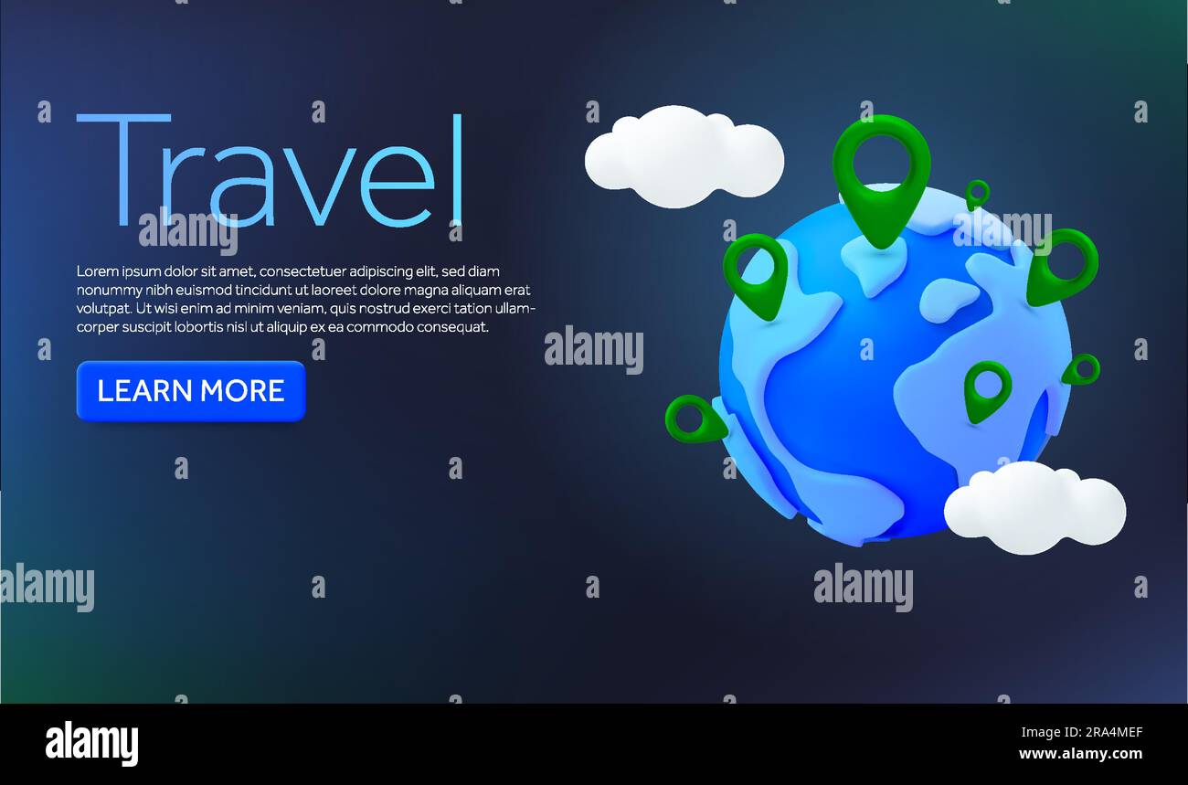 3d earth or globe with map markers or location pin icons, clouds ...