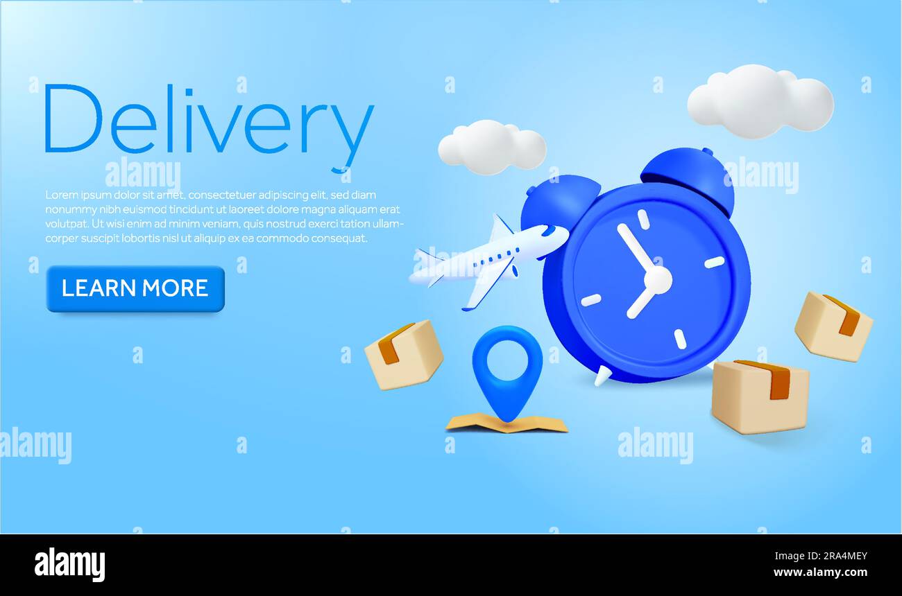 3d alarm clock with airplane, map marker or pin, cargo boxes, packages ...