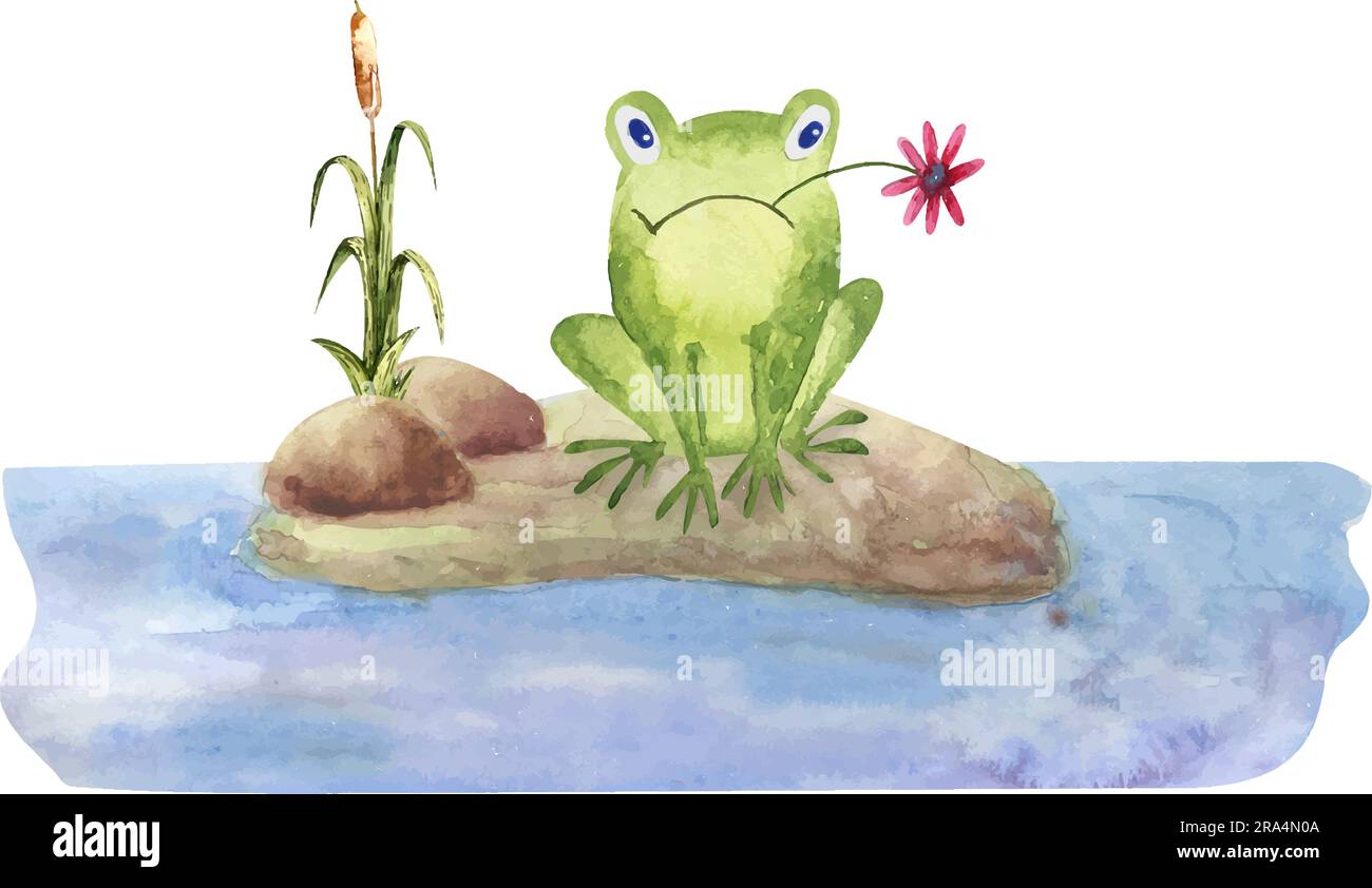 Funny frog with a flower in his mouth is sitting on the lawn ...
