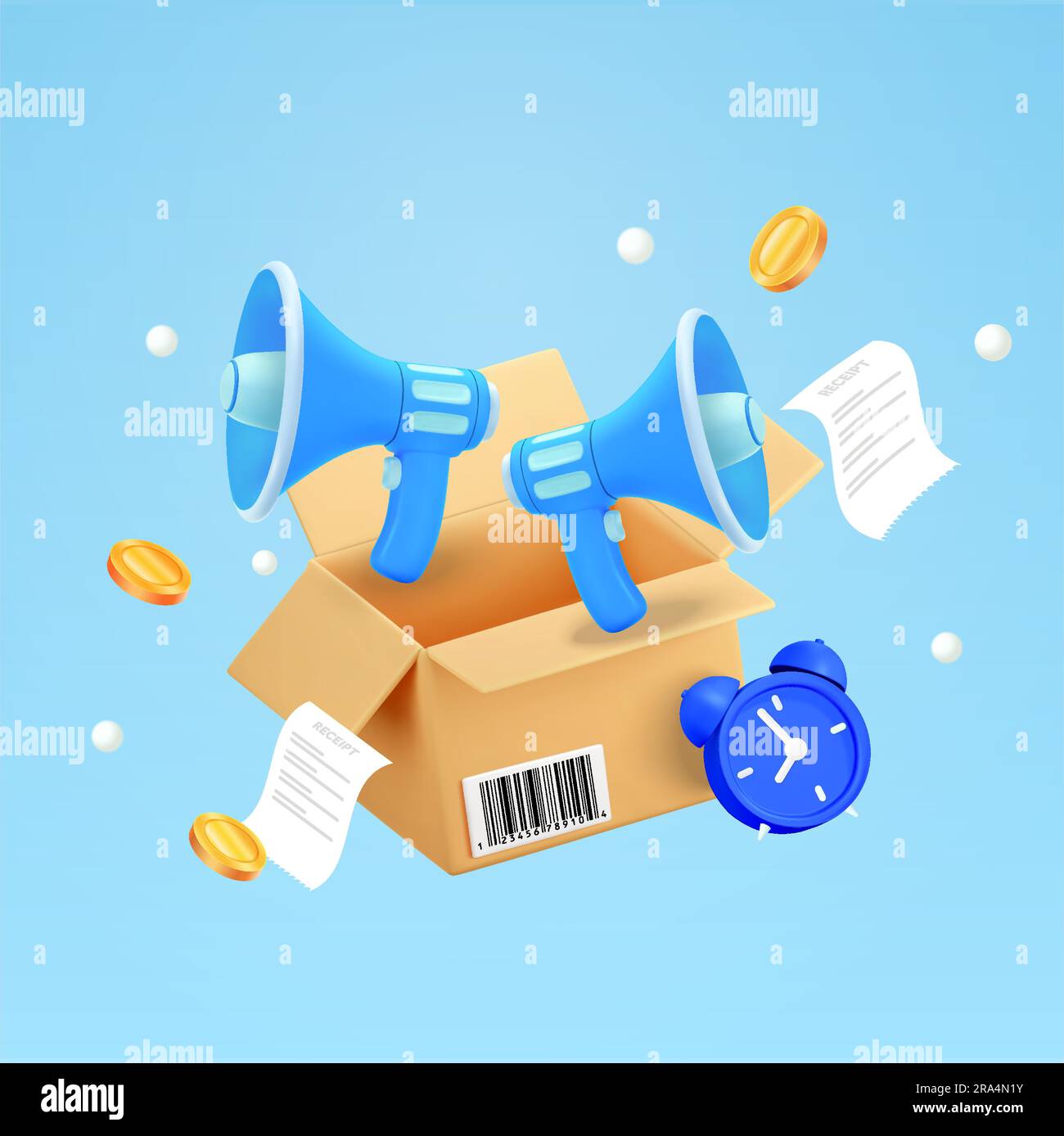 3d opened box or package with bullhorns or megaphones, loudspeakers ...