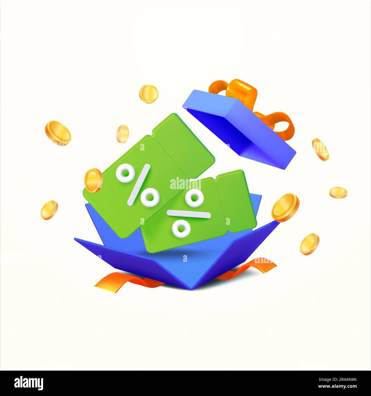 3d opened or exploded box with vouchers, coupons coins, ribbons ...