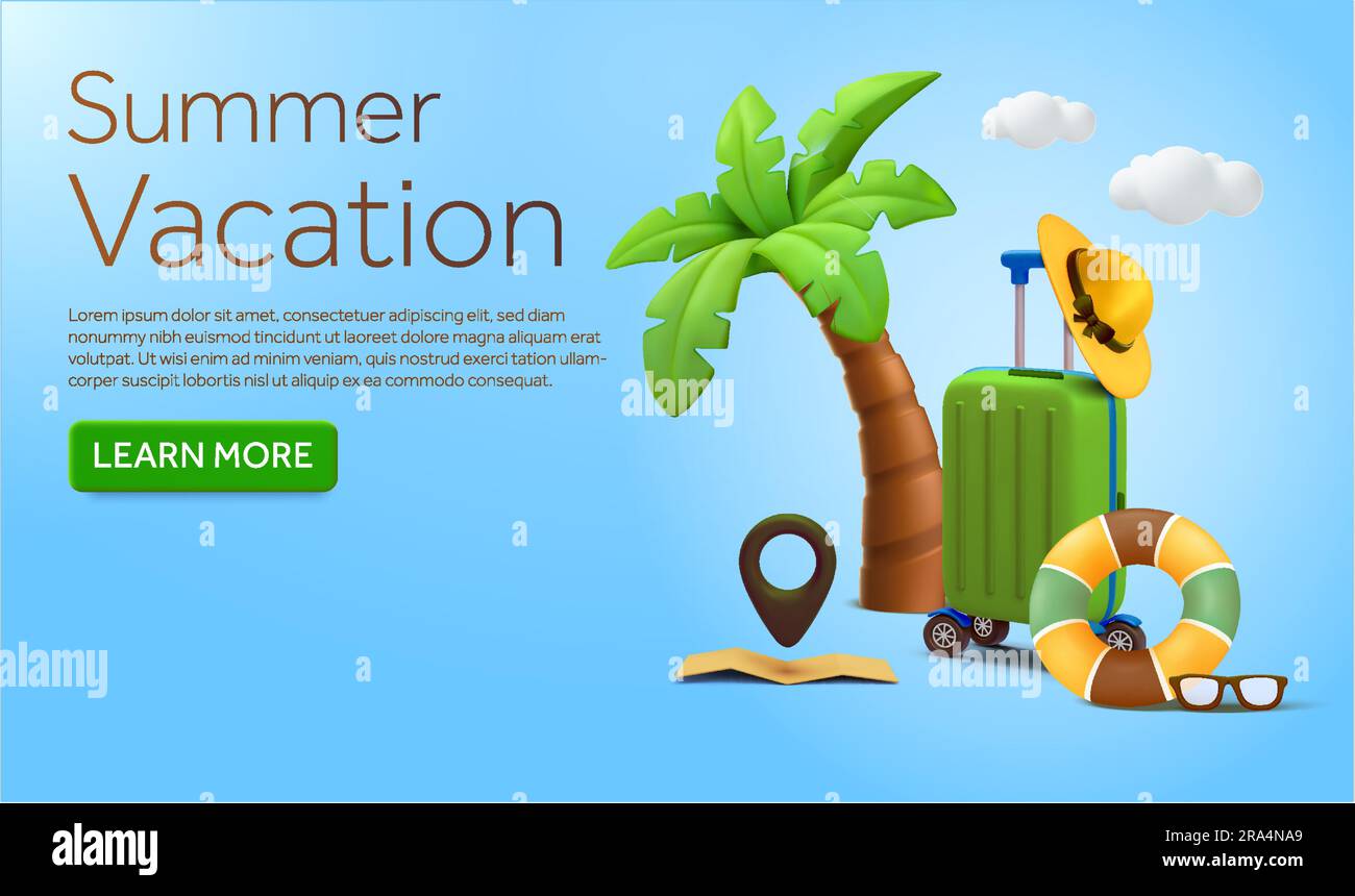 3d suitcase or luggage, palm or coconut tree, map marker, pin icon ...