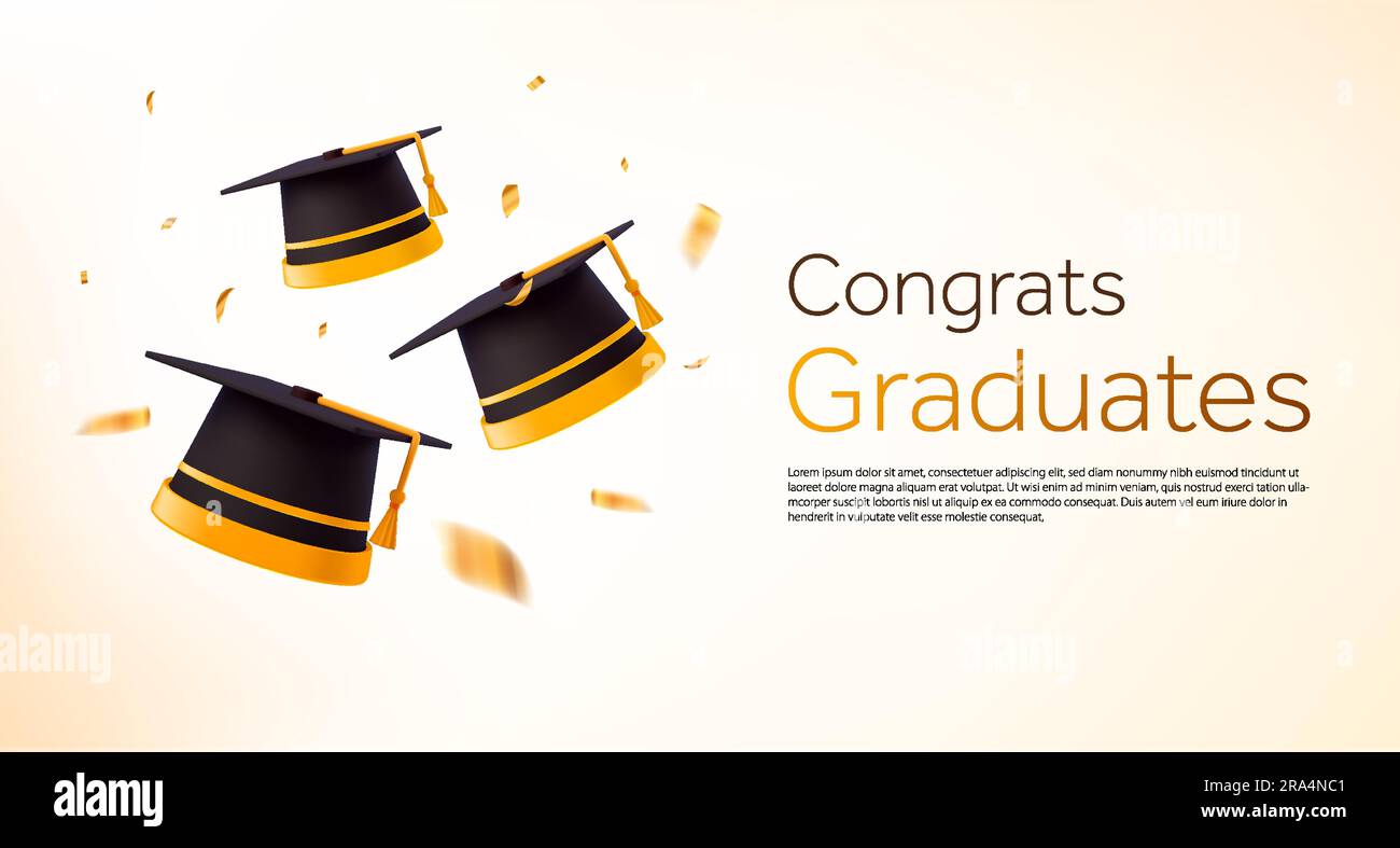 3d flying graduation caps or hats, isolated on background. Banner ...