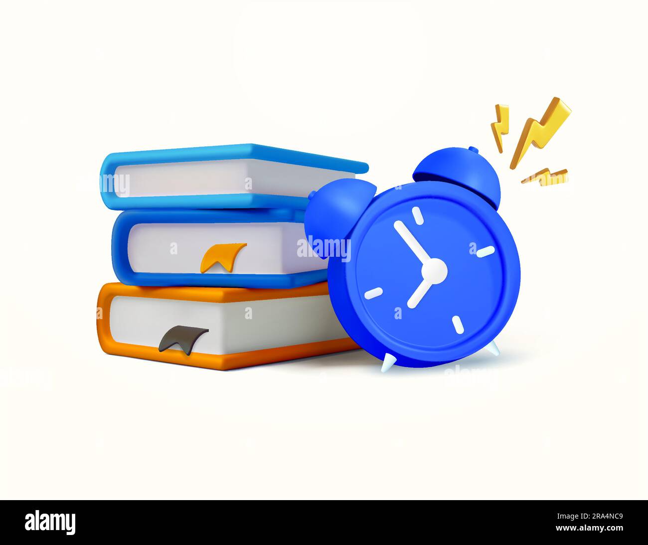3d books with ringing blue alarm clock, isolated on white background ...
