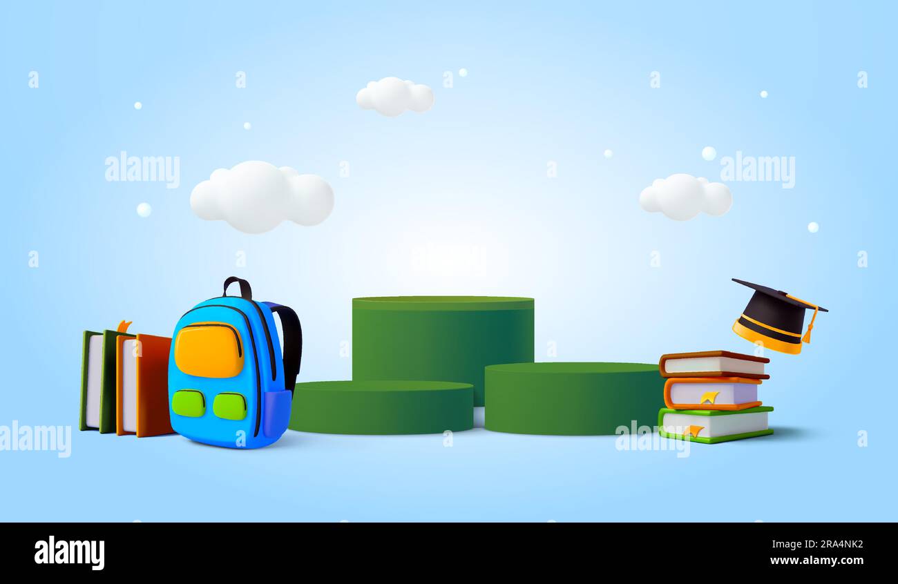 3d stages with backpack, books, graduation cap or hat, cloud, isolated ...