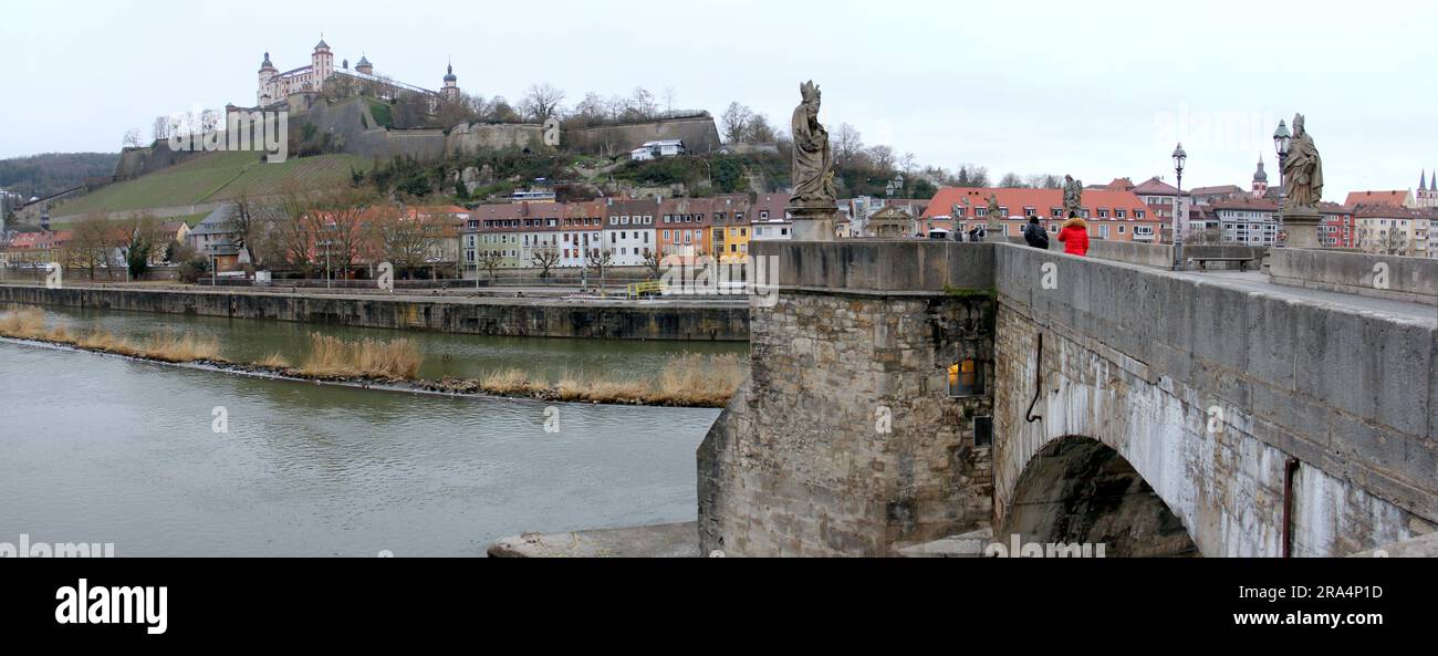 Old Main Bridge, Alte Mainbruecke, Marienberg Fortress on a hill in the ...