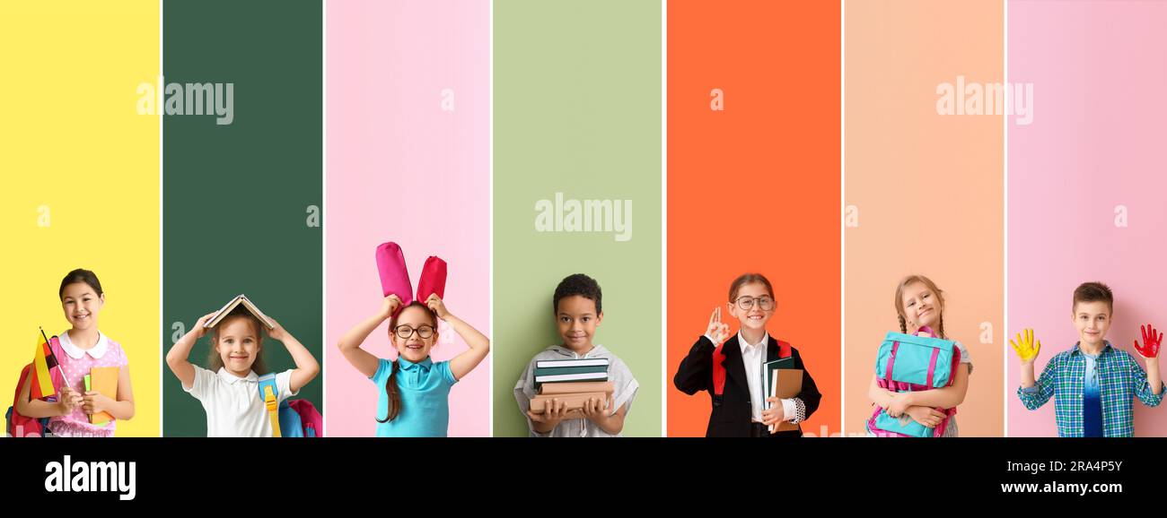 Set of different little students on color background Stock Photo - Alamy