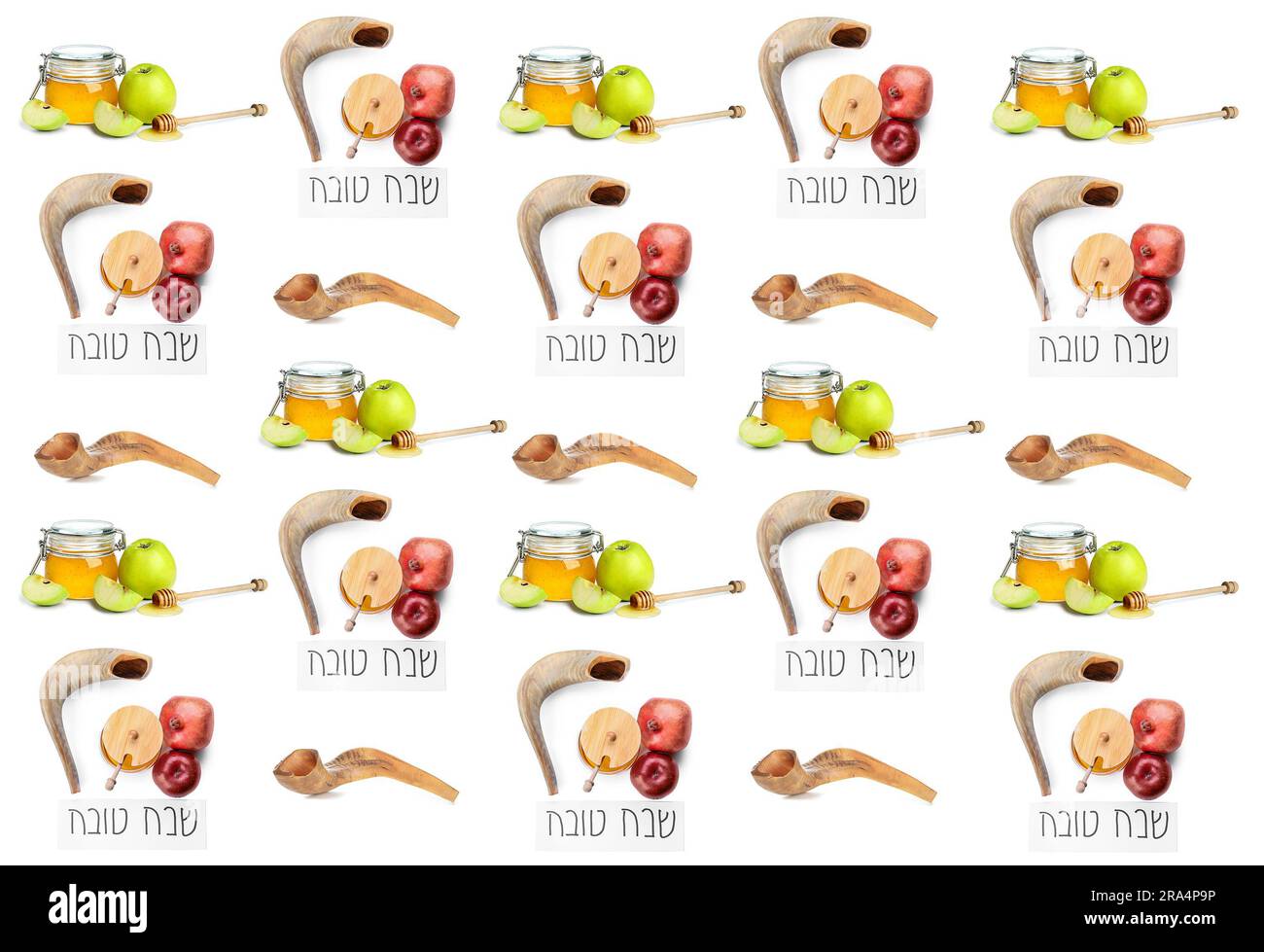 Many symbols of Rosh Hashanah (Jewish New Year) on white background ...