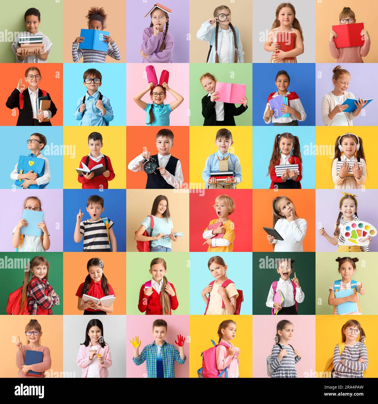 Collage with many little students on color background Stock Photo - Alamy