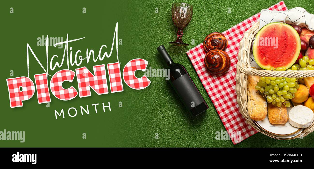 Banner for National Picnic Month with tasty food in basket and wine ...