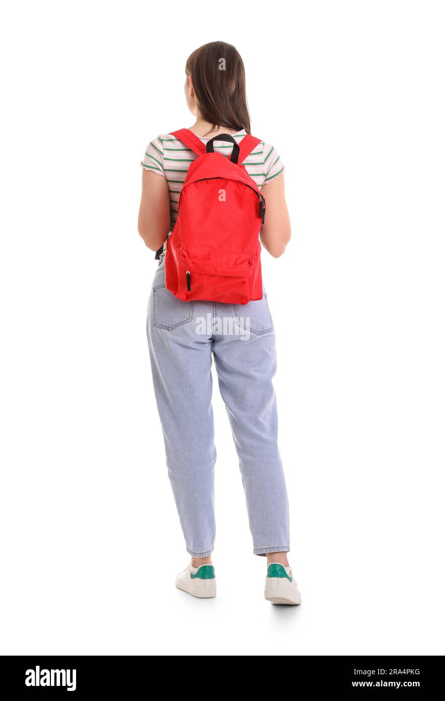 Female student with backpack on white background, back view Stock Photo ...