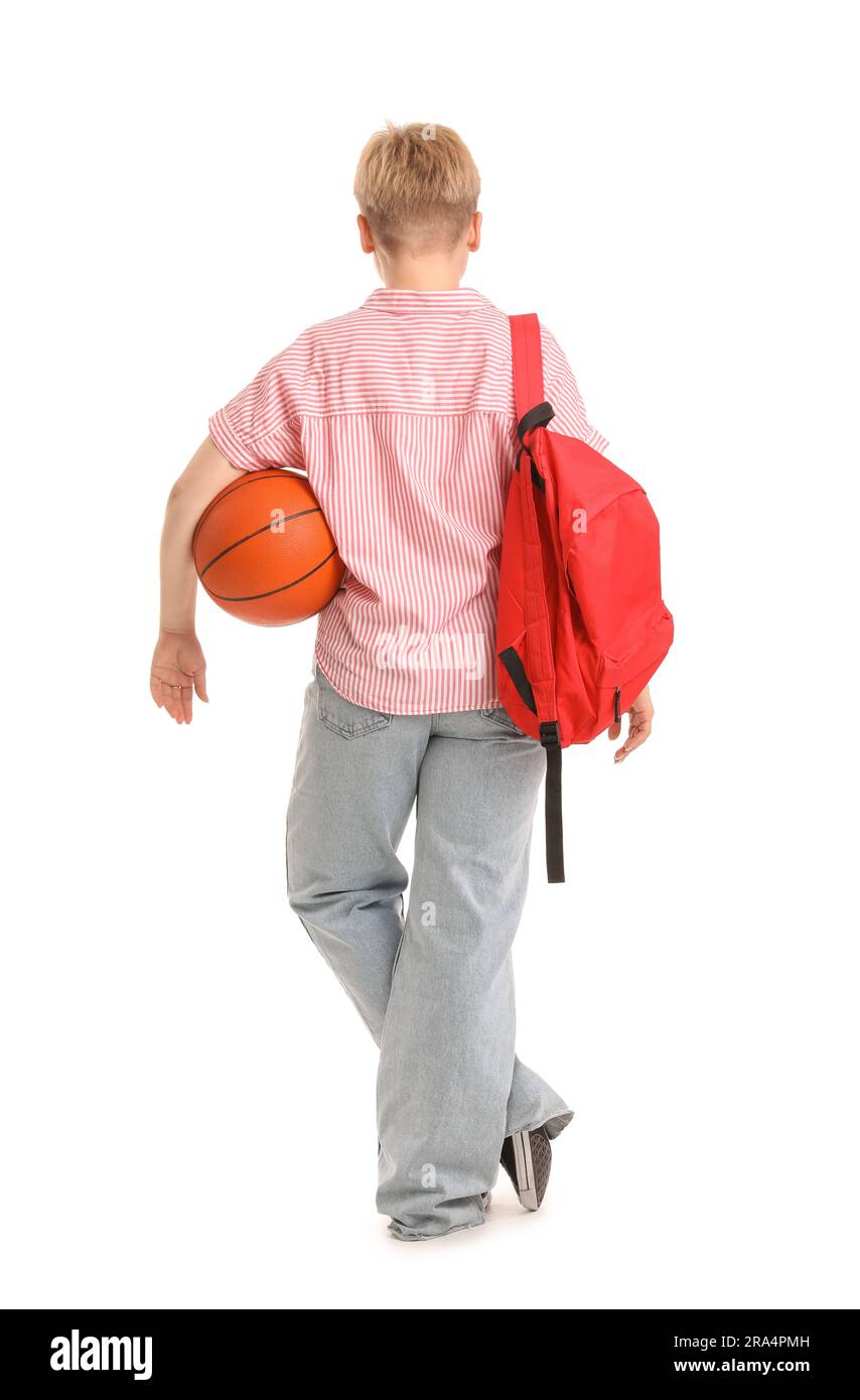 Female student with backpack and ball on white background, back view ...